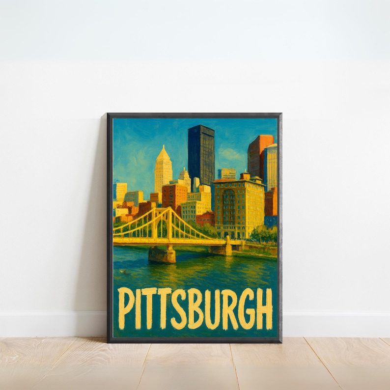 Pittsburgh Poster – Downtown Skyline Wall Art, Yellow Bridge River ...