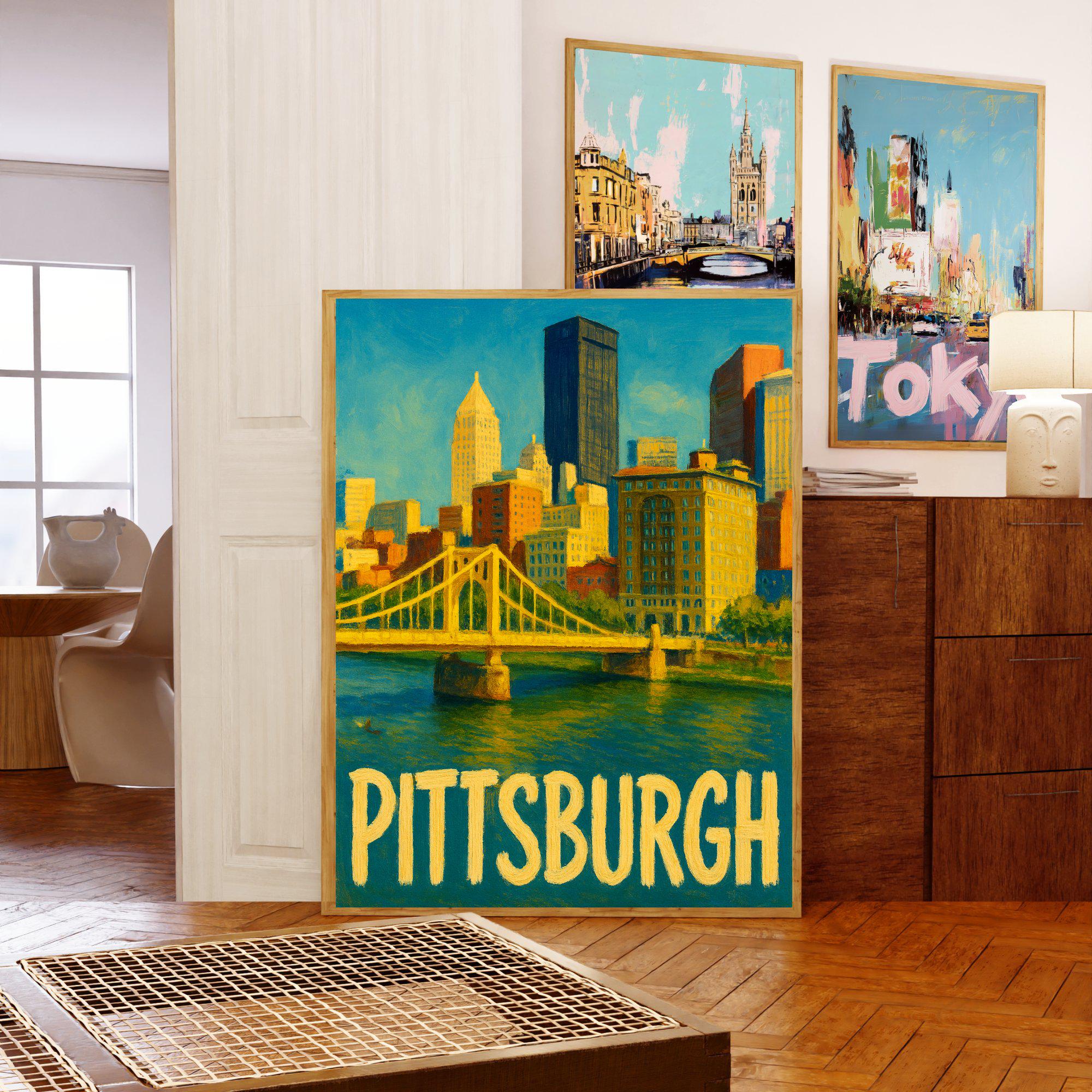 Pittsburgh Poster – Downtown Skyline Wall Art, Yellow Bridge River ...