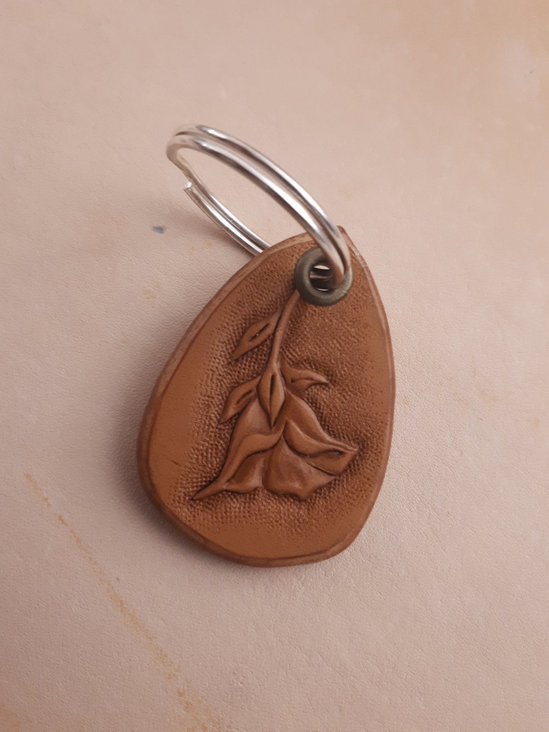 Handmade Leather Keychain With Carved Flower - Etsy