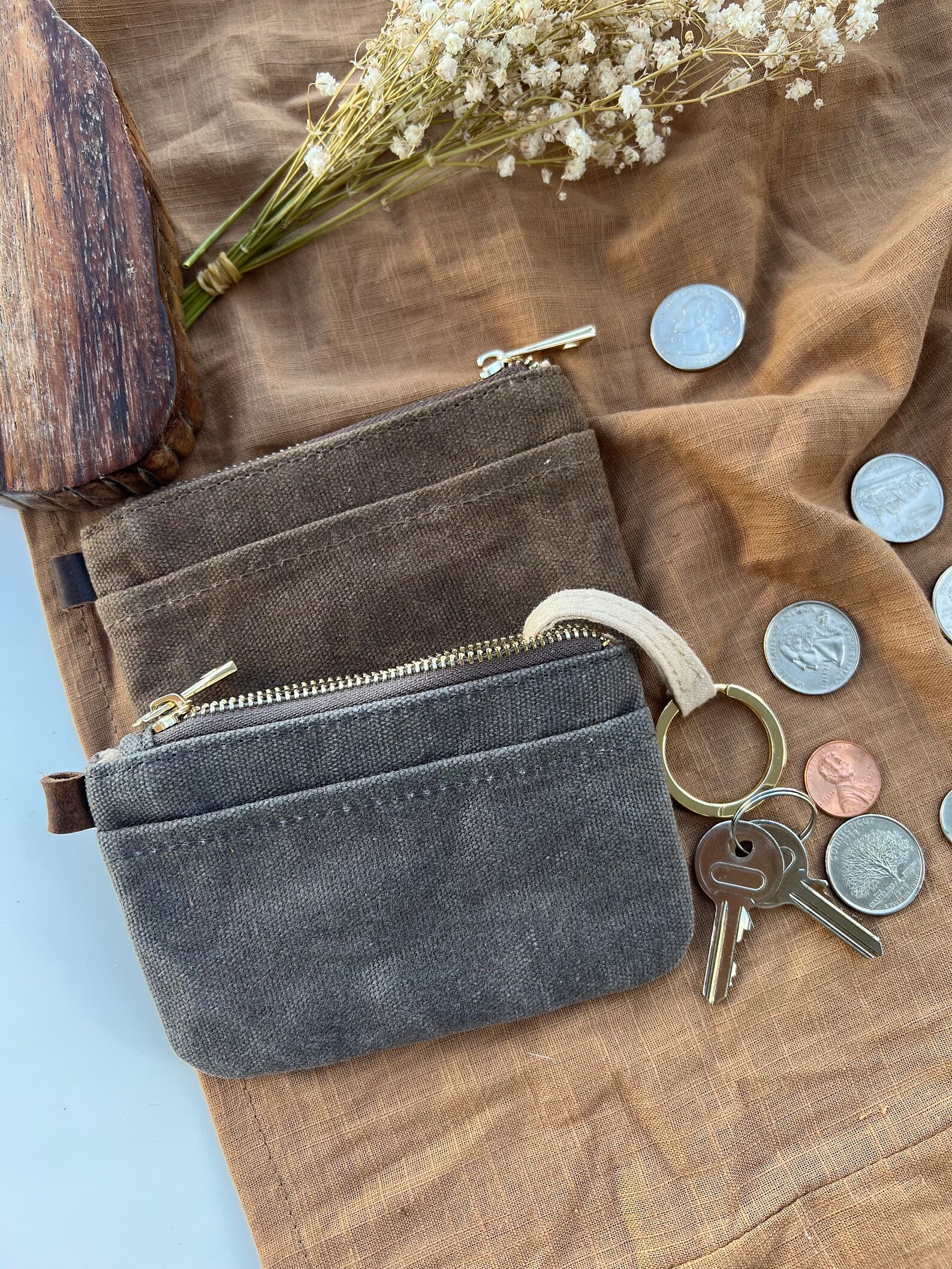 Waxed Canvas Small Pouch With Zipper Pouch With Keychain - Etsy