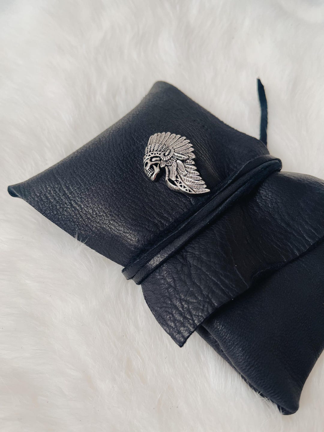 Small Black Deerskin Leather Moto Wallet With Metal Biker Skull Concho ...