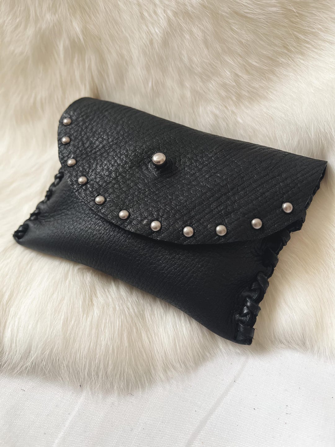 Small Deerskin Leather Moto Wallet With Metal Button and Metal Studded ...