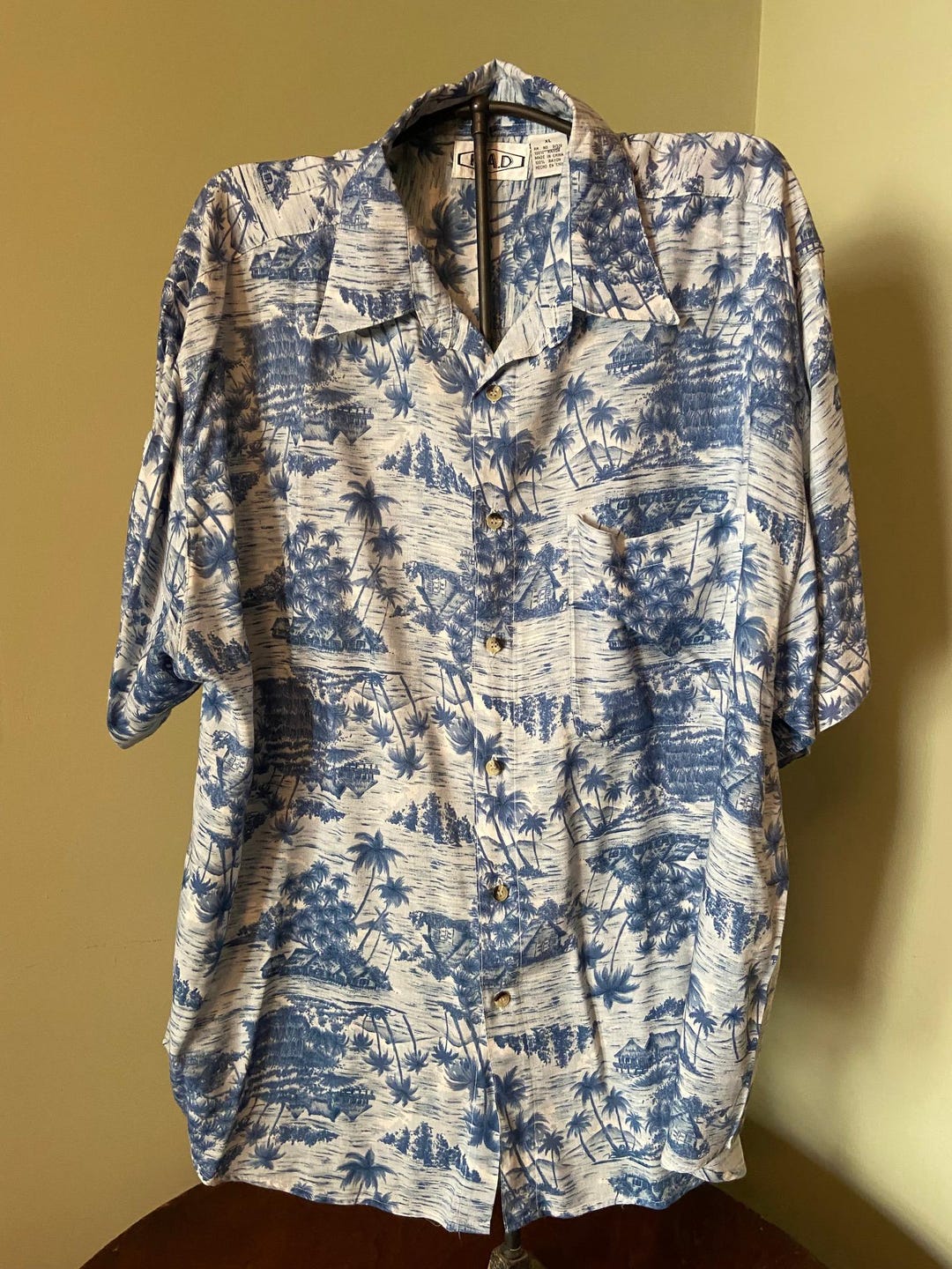 Men's XL K.A.D. Vintage Hawaiian Shirt, Soft Blue & White Palm Tree Hut ...