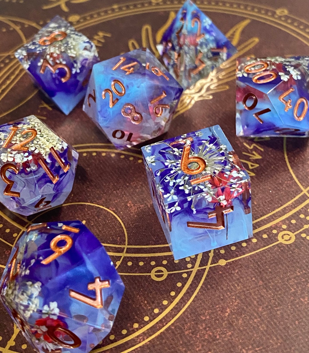 Floral 'magic' Dice Set With Swirling Violet/blue, White and Ruby ...