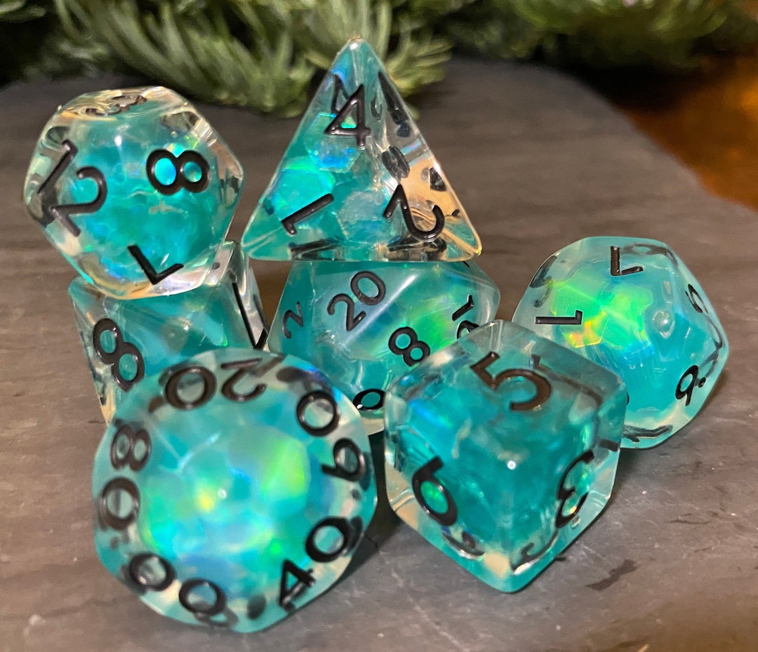 Chain Lightning Full 7 Pc Resin Dice Set Clear Resin With Teal Shining ...