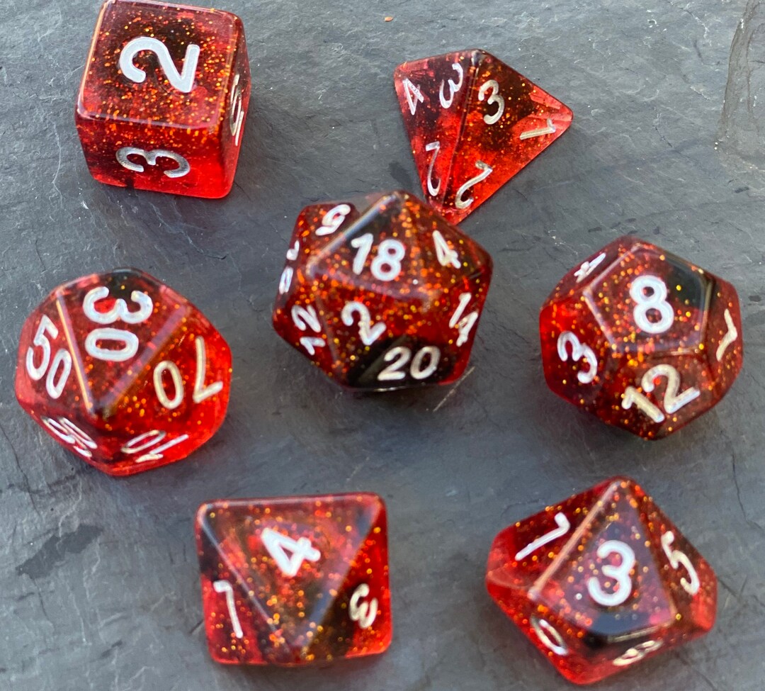 I Cast Fireball 7 Pc Dice Set Glittering Reds and Swirling Blacks White ...
