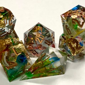 Fortune's Favor II Premium New Style 7 Piece Dice Set W/ Crystal D4 Ultra Sharp Edge Translucent ...