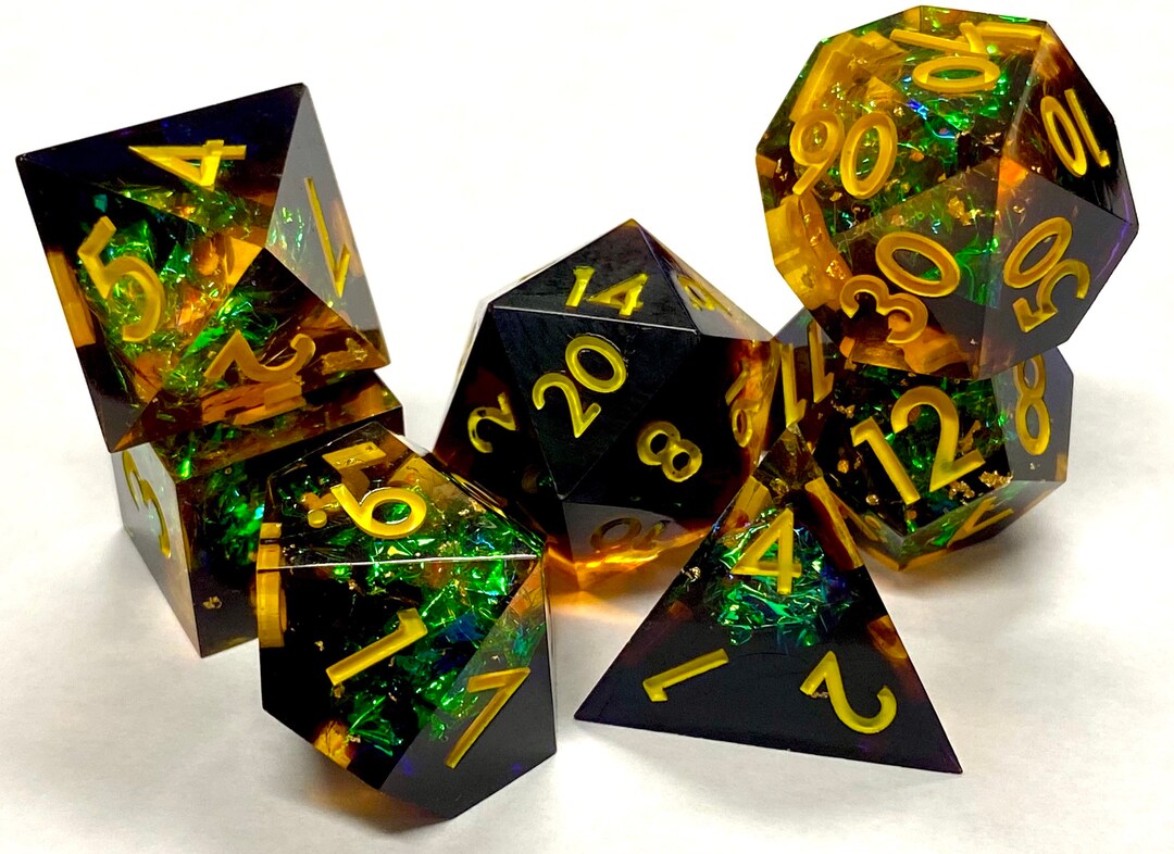 Compulsion Prismatic Layered Amber and Black Full 7 Piece Dice Set ...