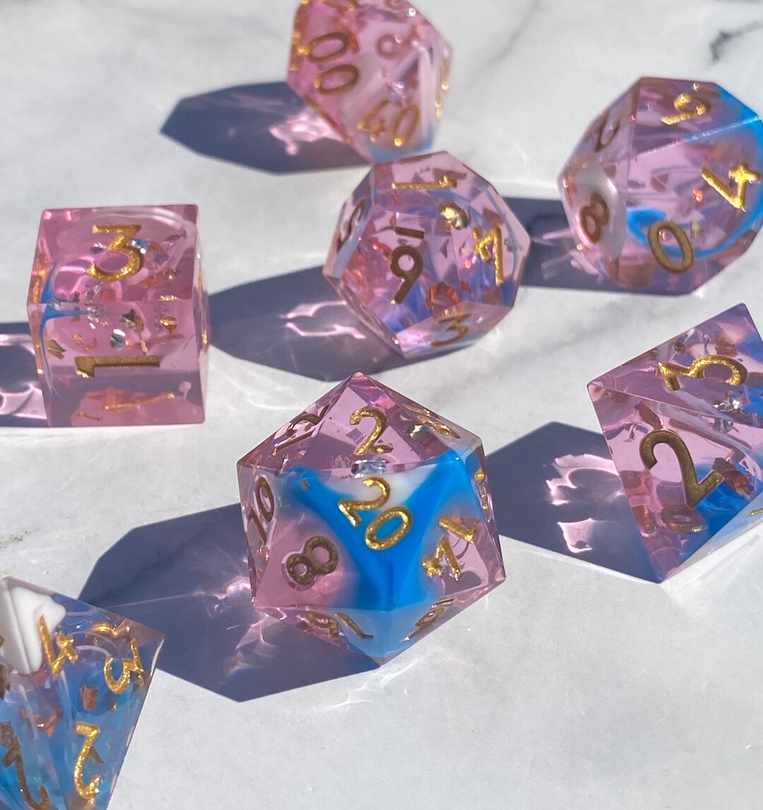 In Bloom NEW Bright Rose Pink/sky Blue/white Sharp Edge Dice Set Full 7 ...