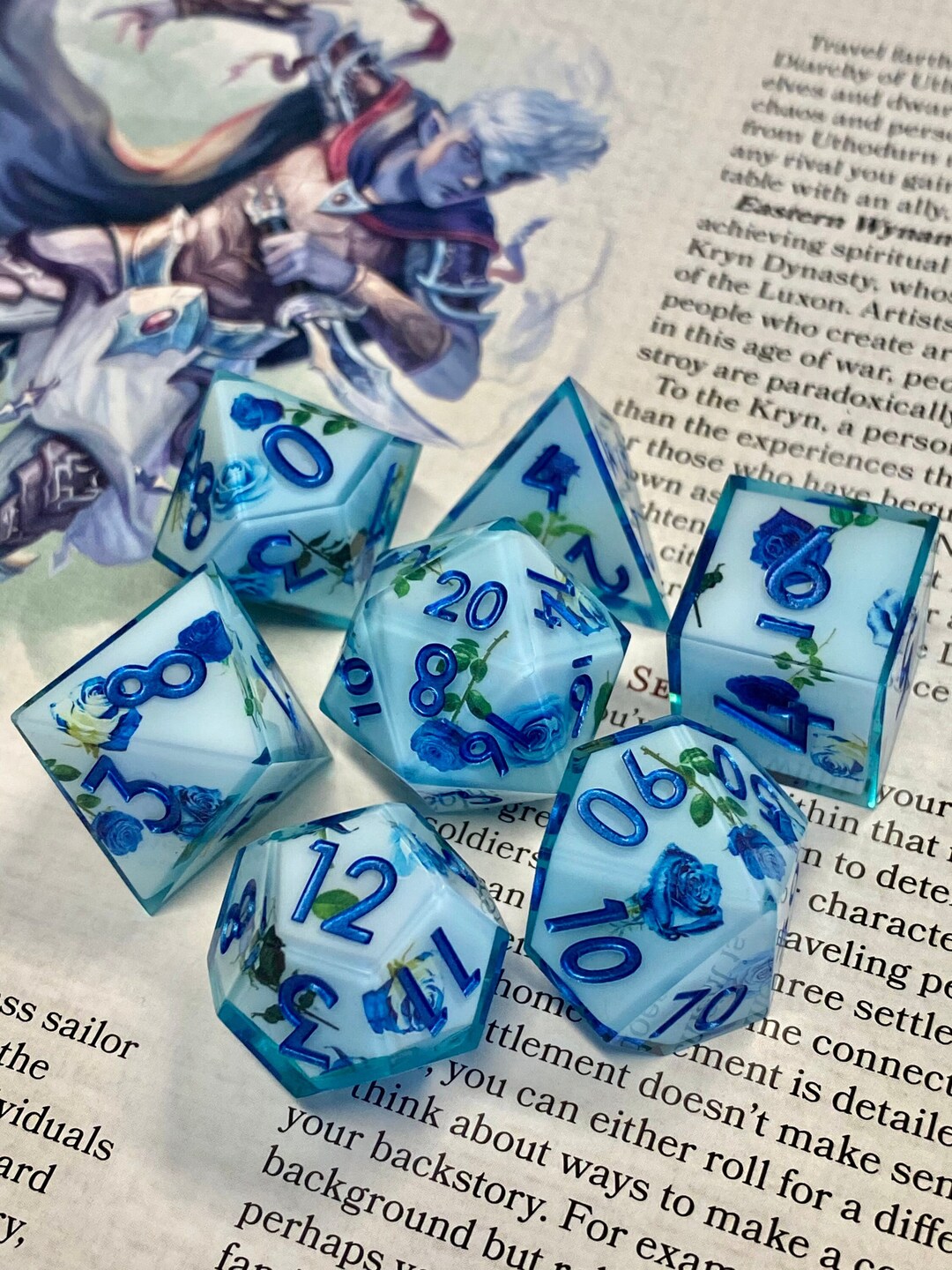 Regency Azure Elegant Vintage Floral 7-piece Dice Set With Translucent ...