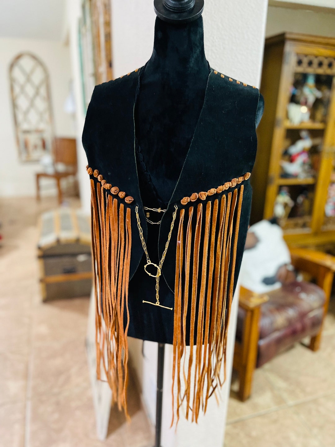 Leather Fringe Vest - Gold Chain - Etsy