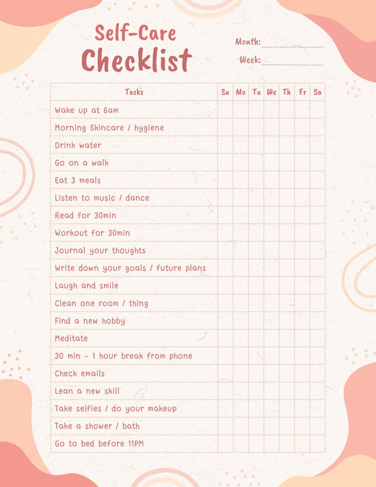 Self Care Checklist - Etsy