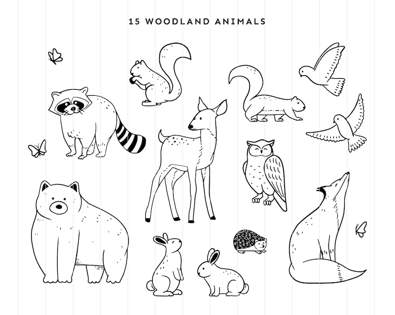 Woodland Animals Line Drawing Clipart SVG, Animals Outline, Nursery ...