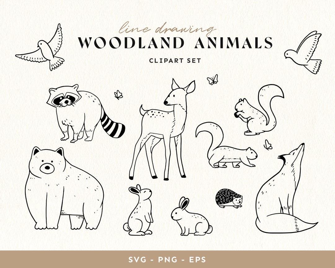 Woodland Animals Line Drawing Clipart SVG, Animals Outline, Nursery ...