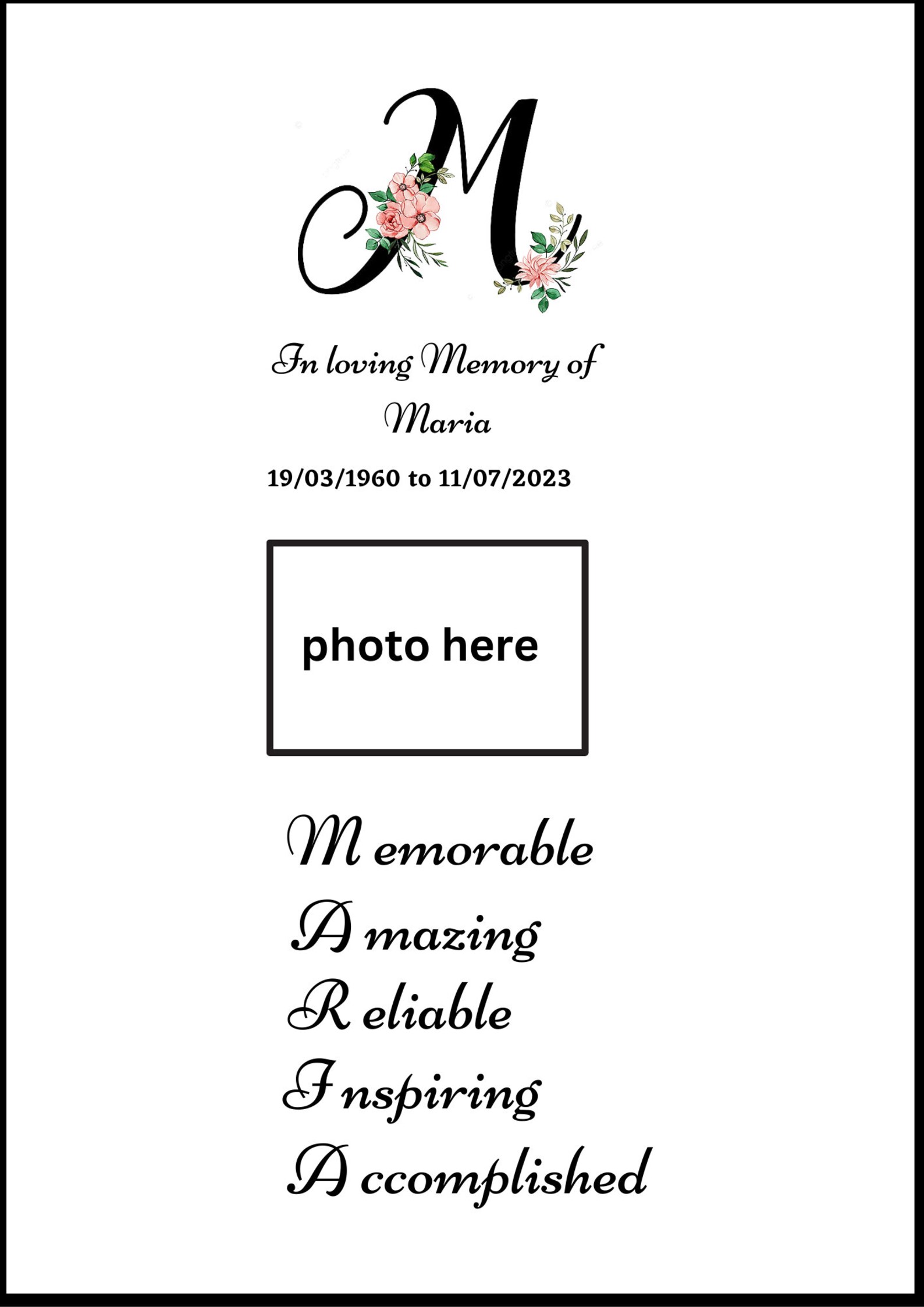 Beautiful and Unique Custom Funeral Acrostic Poems for Funerals, Wake ...