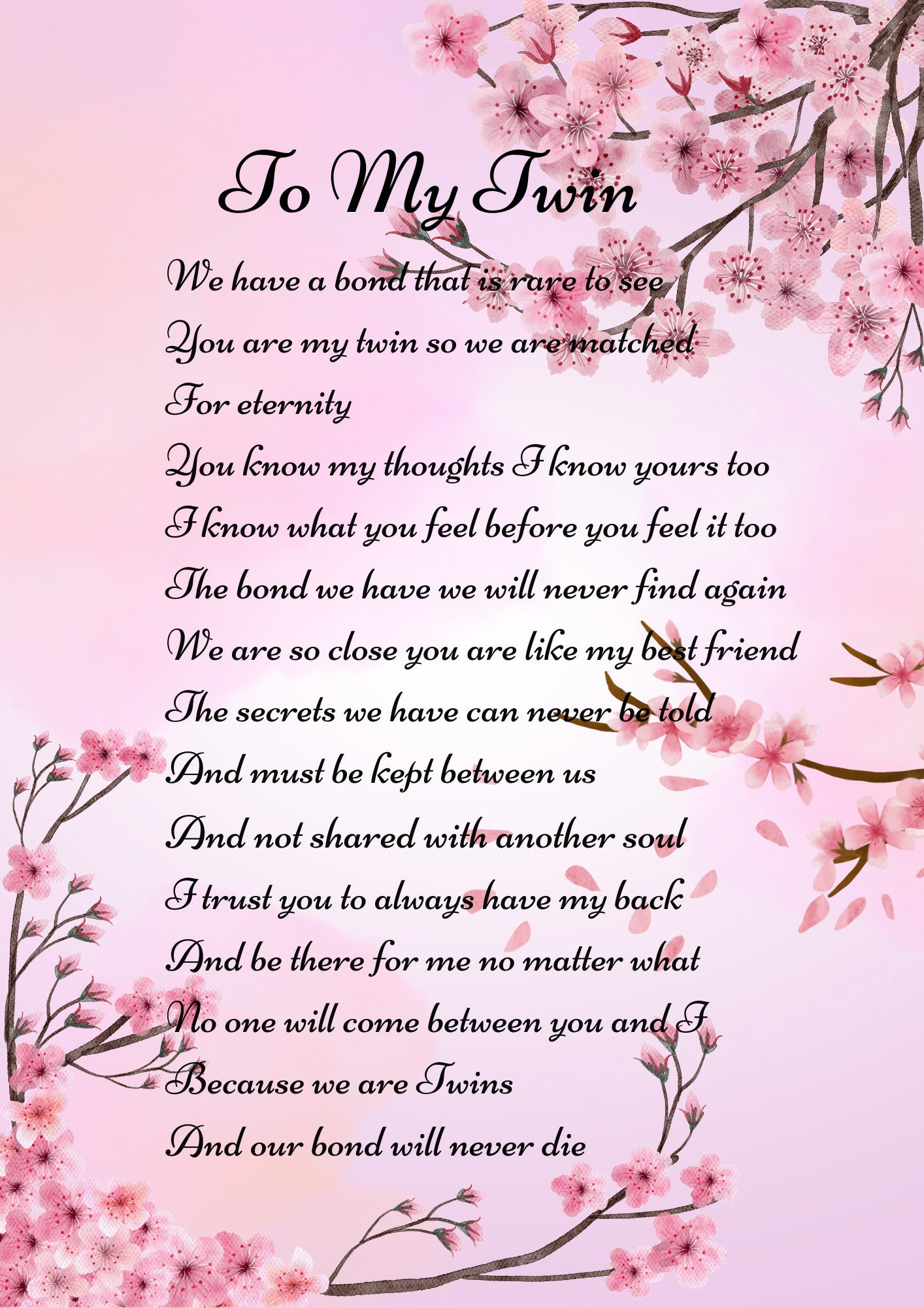 Twin Poem Art Print | Sibling Gift, Strong Bond (physical or Digital ...