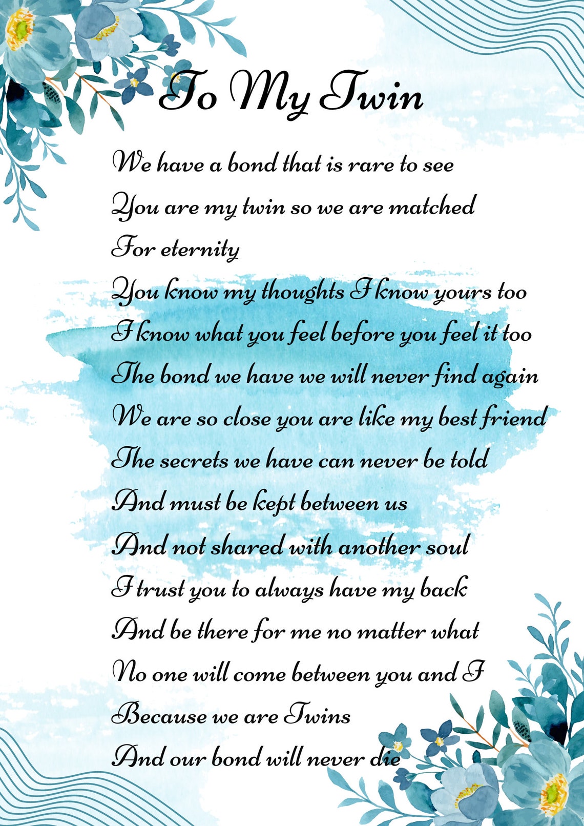 Twin Poem Art Print | Sibling Gift, Strong Bond (physical or Digital ...