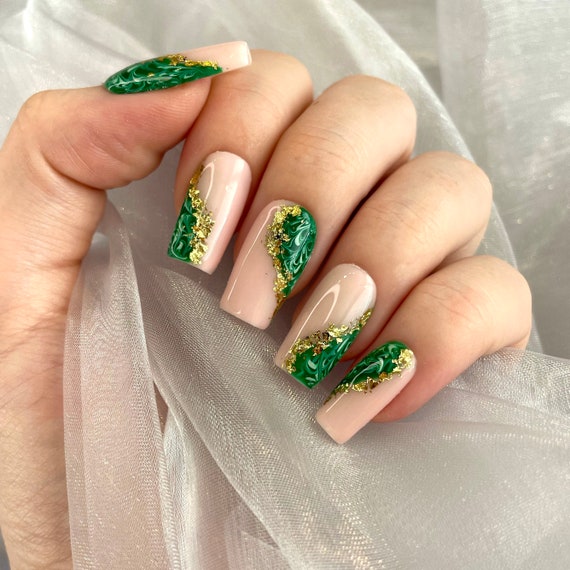 10 piece Emerald Green Marble Foil set of press on nails Craft Supplies ...
