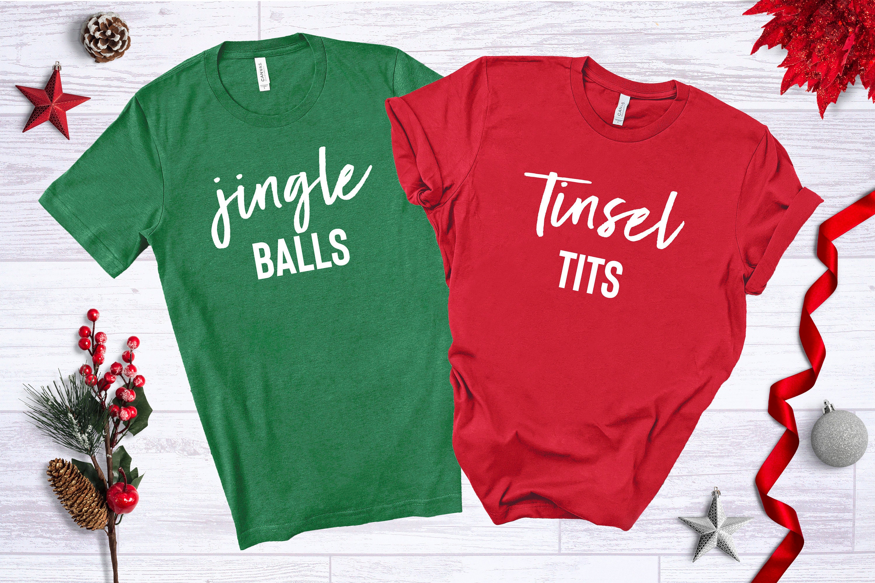 Tinsel Tits And Jingle Balls Funny Matching Christmas Couple T Shirt