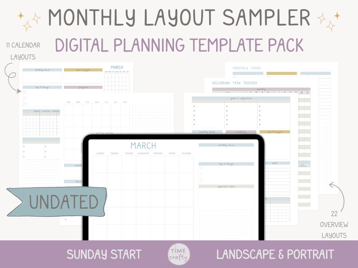 Digital Planner Templates Undated Monthly Layout Sampler - Etsy