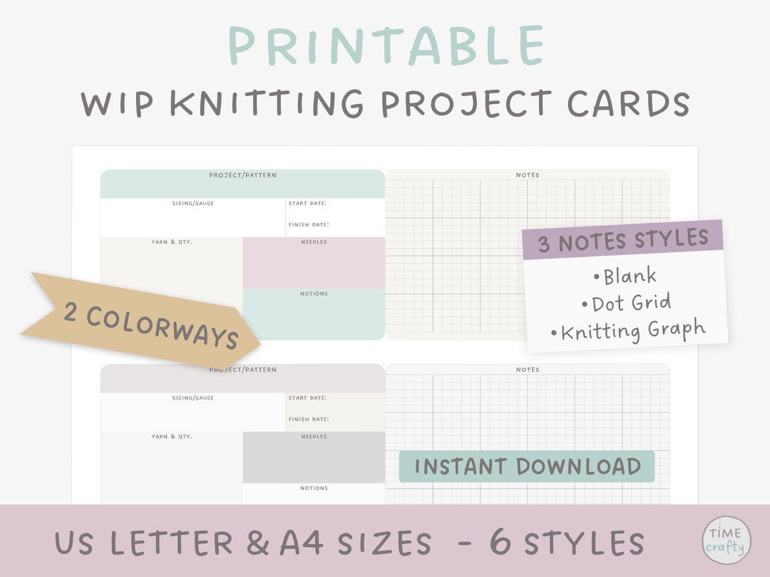 WIP Knitting Project Cards Printable PDF US Letter A4 Sizes Color ...
