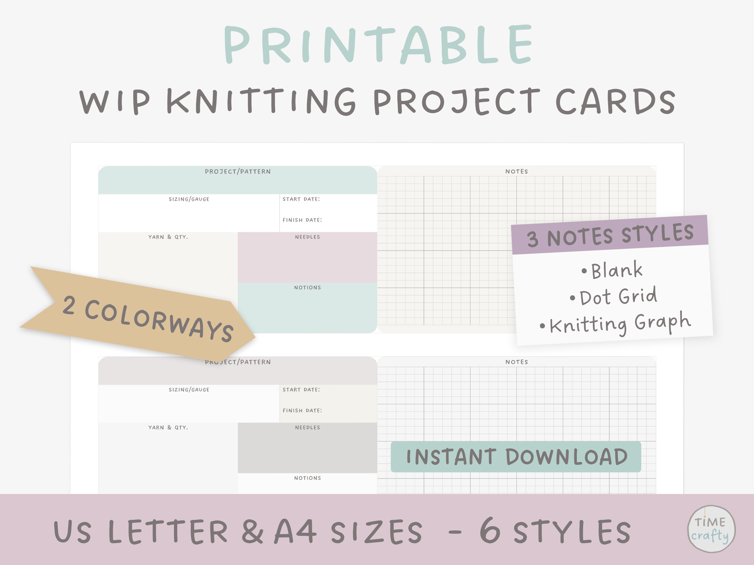 WIP Knitting Project Cards Printable PDF US Letter A4 Sizes Color ...