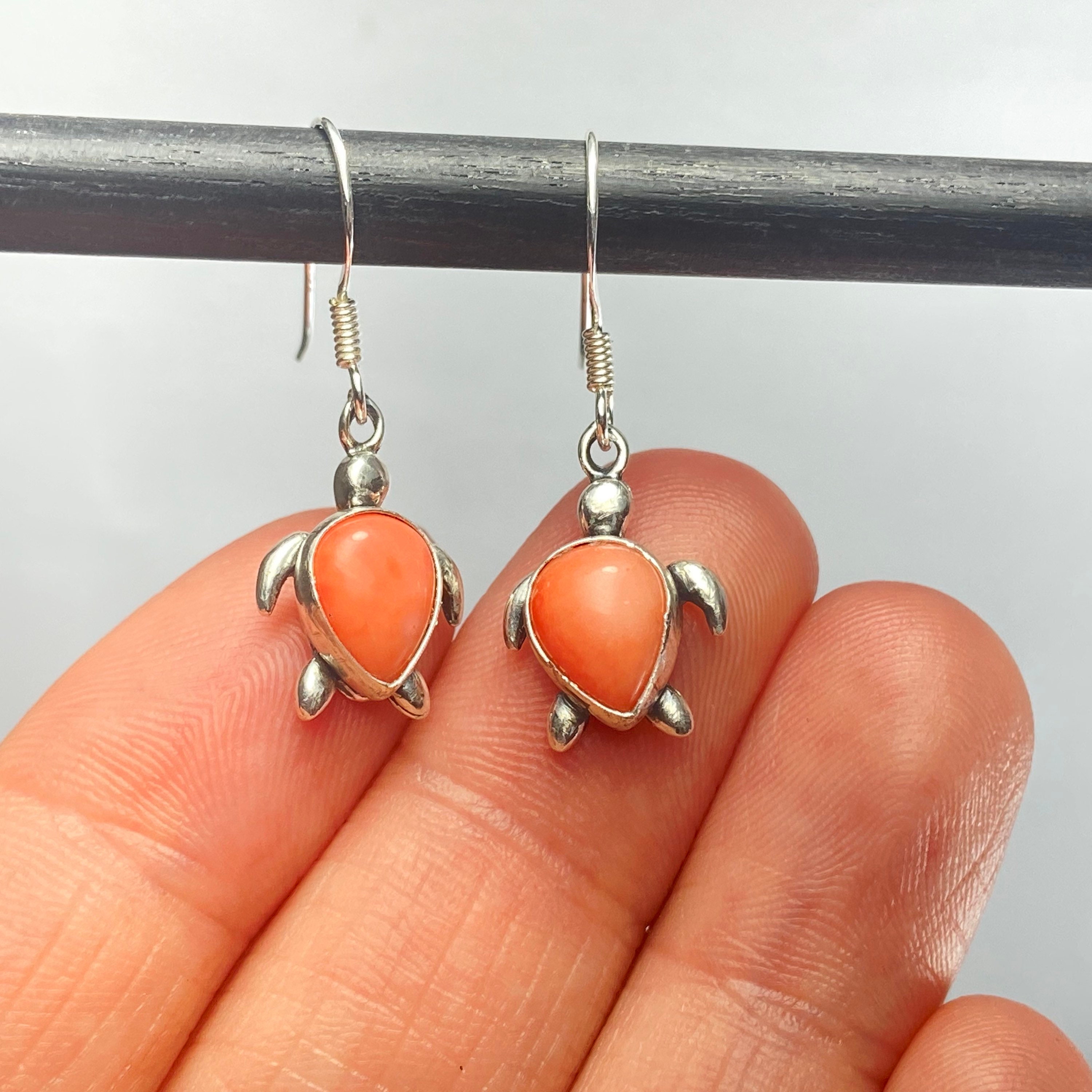 Pink Coral Teardrop Sea Turtle Drop Earrings/gemstone | Etsy