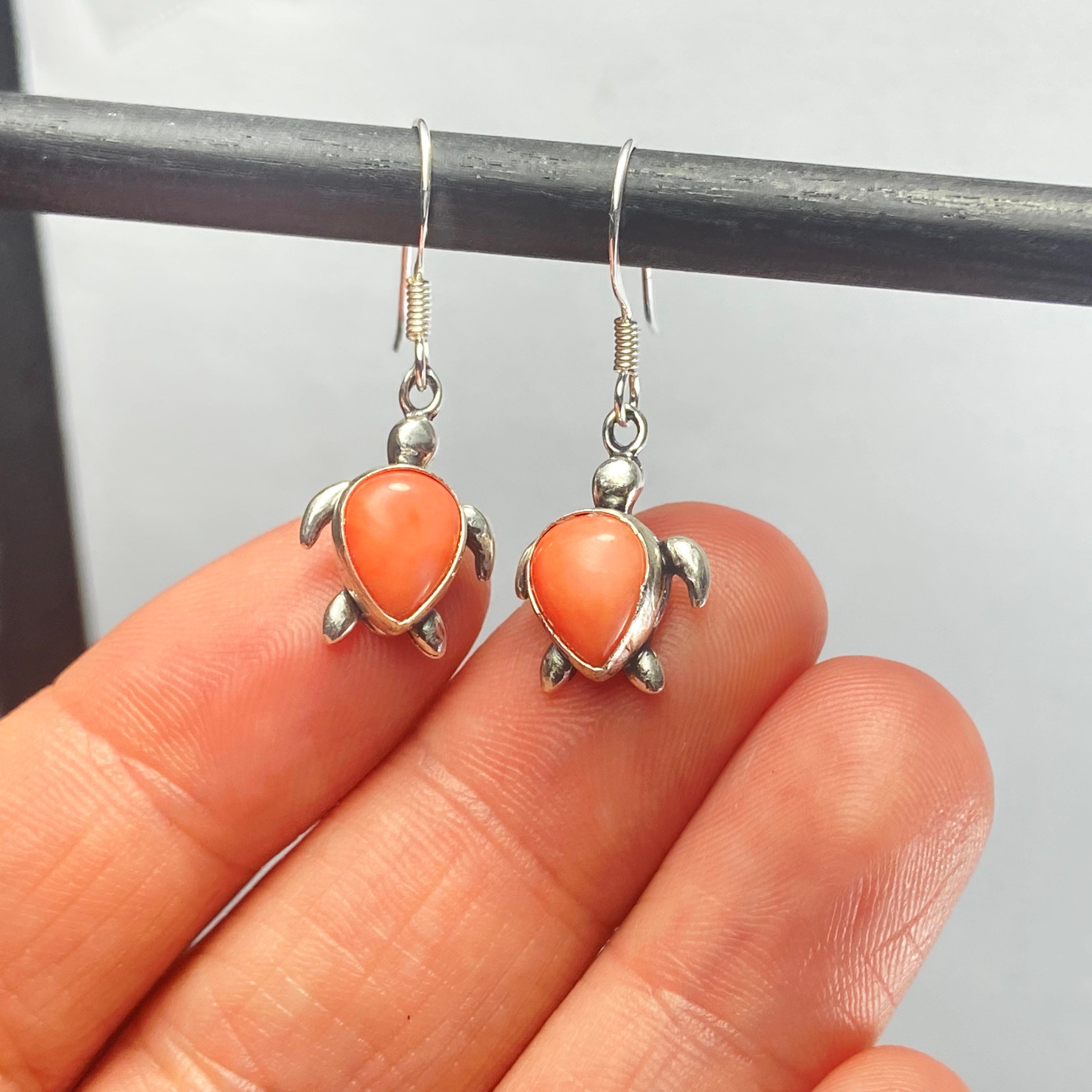 Pink Coral Teardrop Sea Turtle Drop Earrings/Gemstone | Etsy
