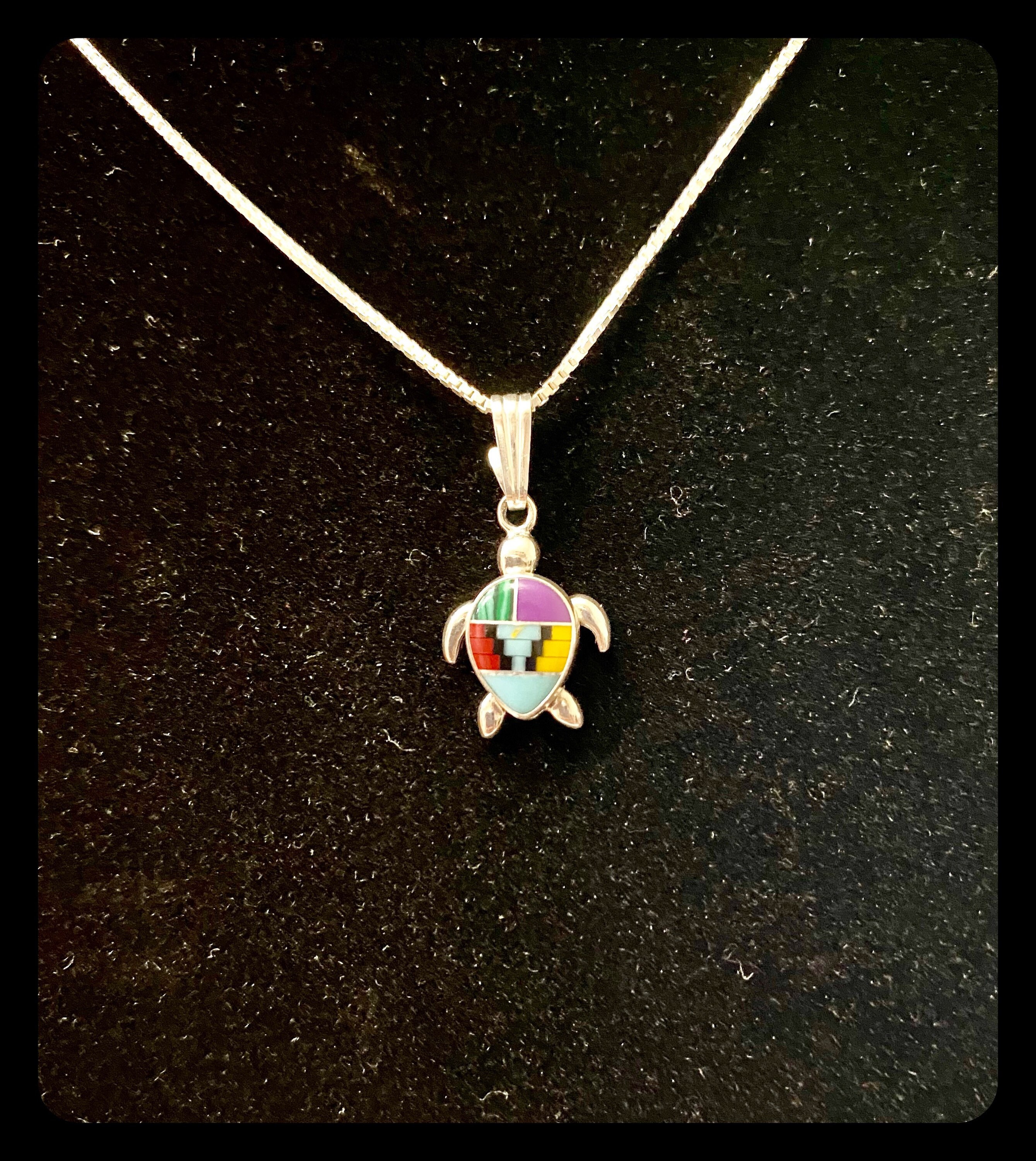 Multi stone inlay sea turtle necklace/teardrop/dainty turtle pendant ...