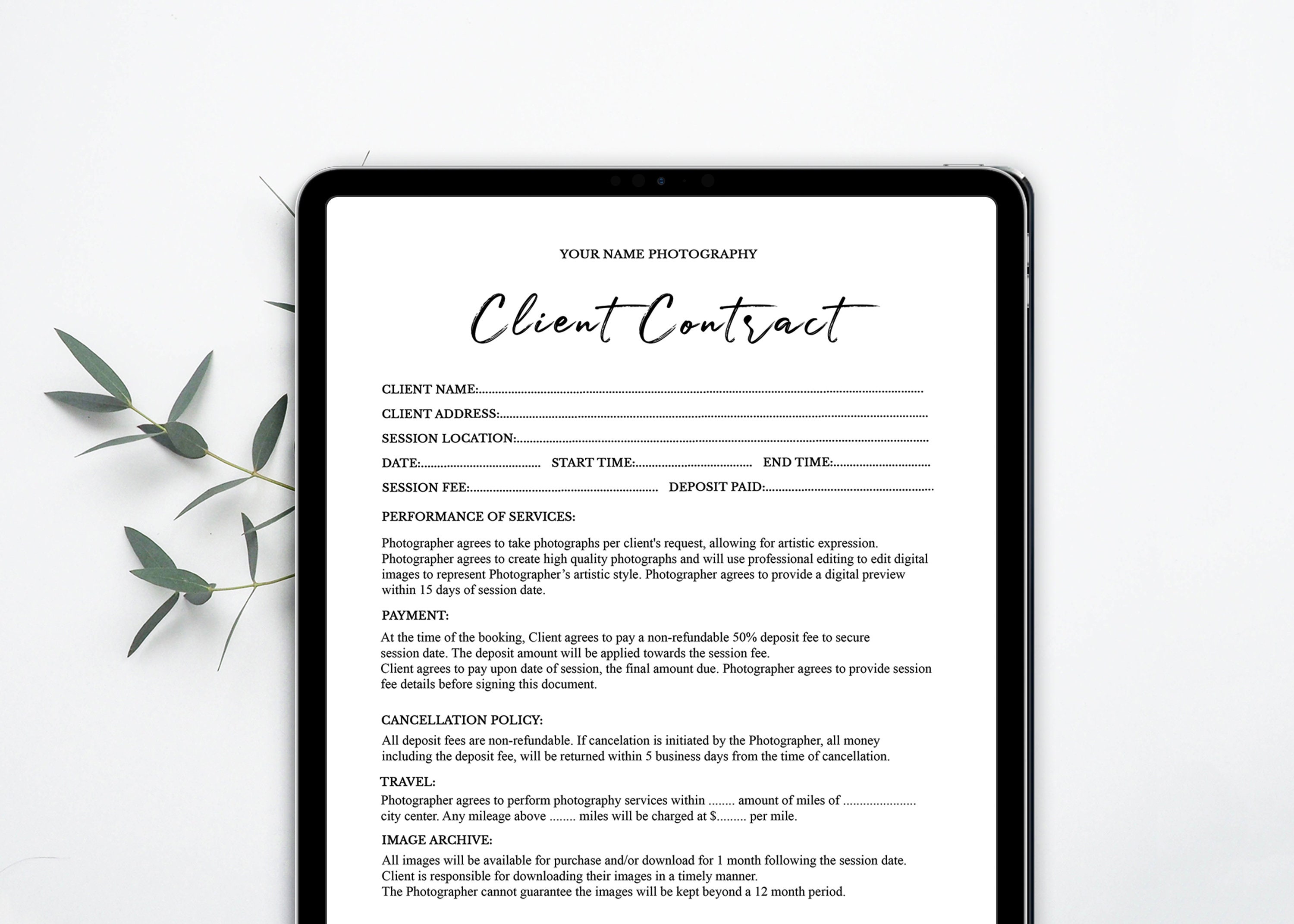 Photography Client Contract Template: Customizable Form (photoshop ...