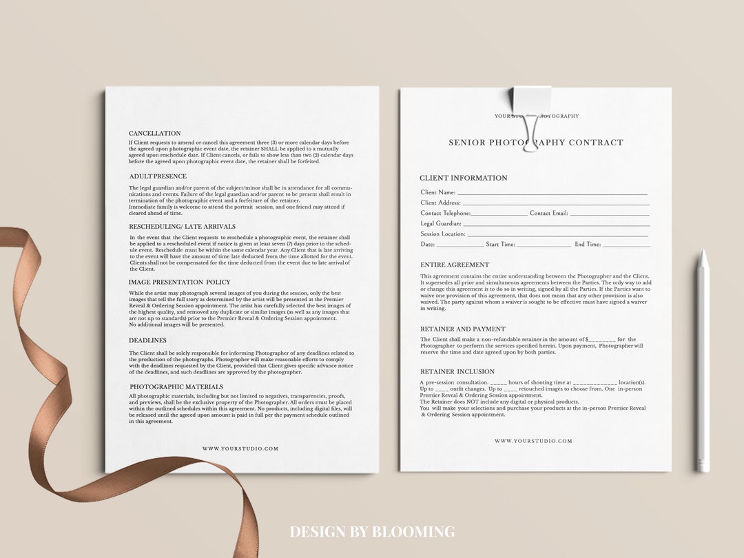 Senior Photography Contract Template, 5 Page Photography Forms ...