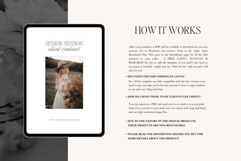 Senior Portrait Photography Contract Template Bundle (canva, Digital ...