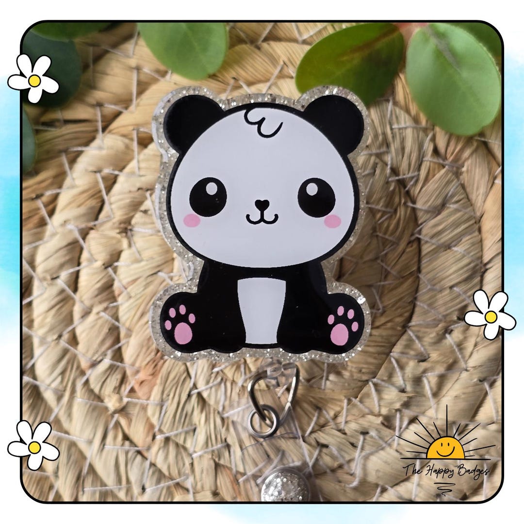 Cute Panda Badge Reel Kawaii Animal ID Holder, Glitter Work Badge ...