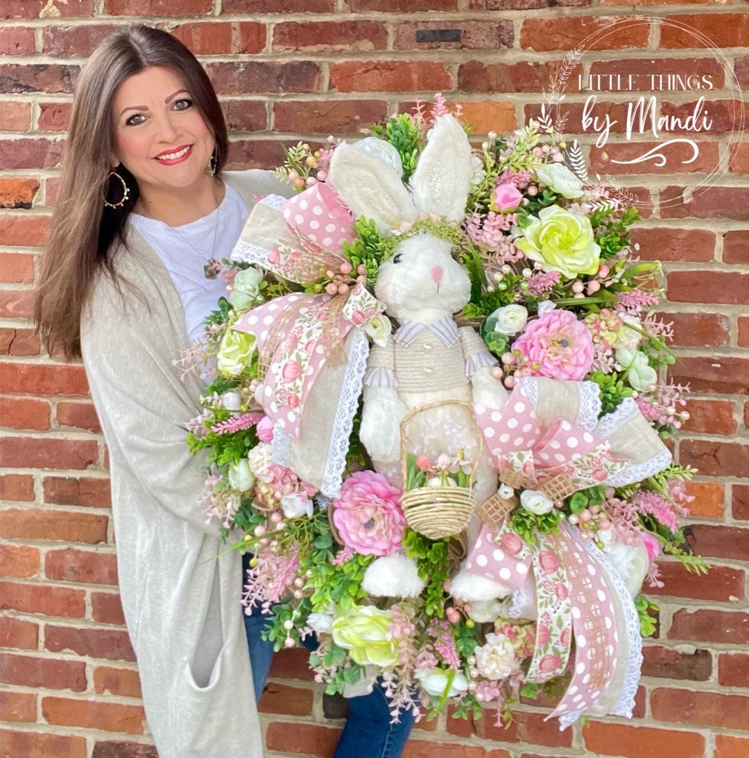 Easter Holiday Floral Wreath for Front Door, Floral Easter Bunny Door ...