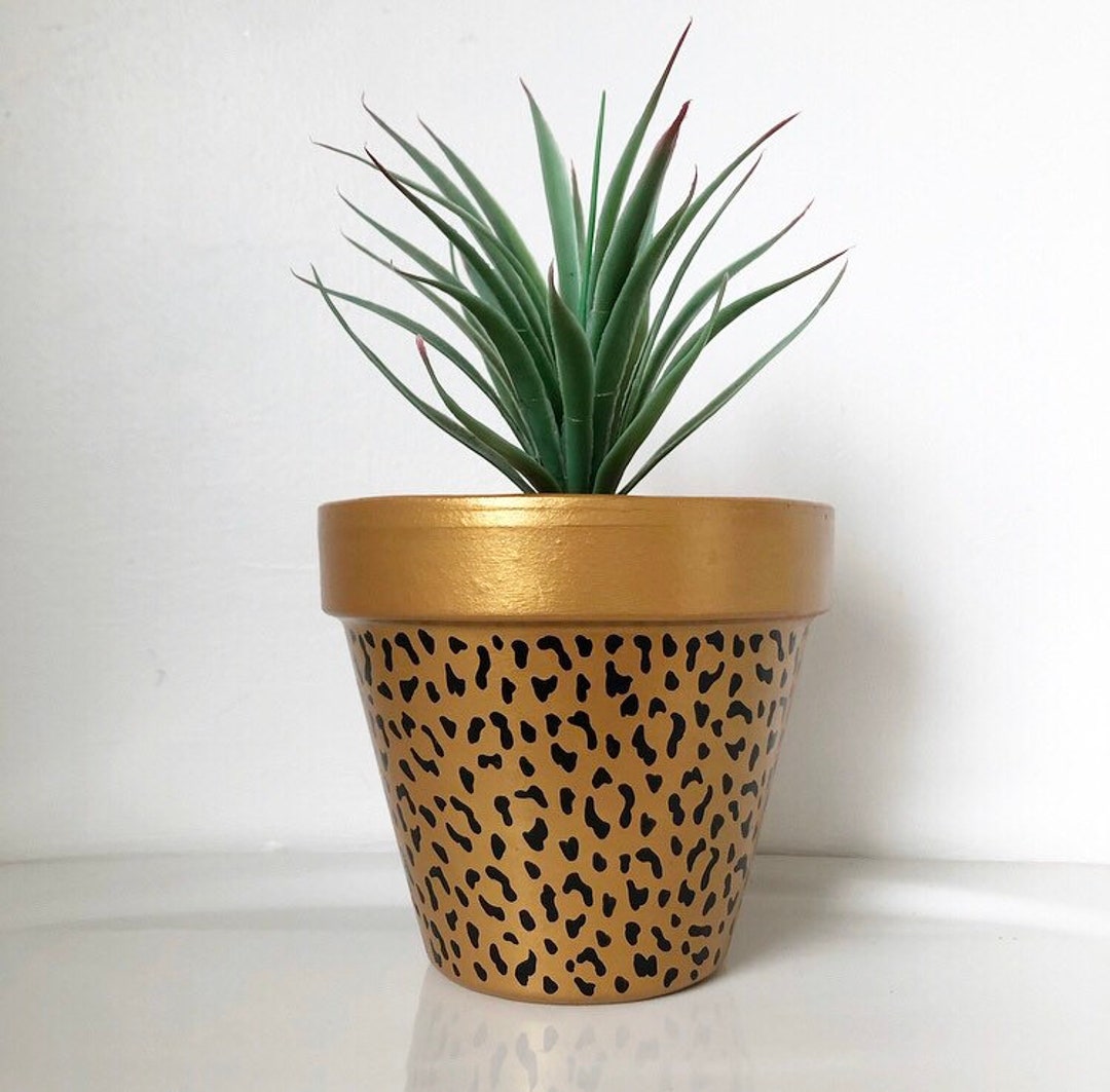Hand Painted Large Gold Leopard Print Terracotta Plant Pot, Gold Indoor ...