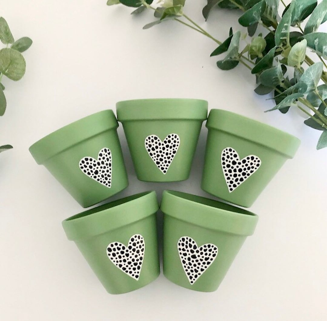 Hand Painted Sage Green Heart Dalmatian Print Terracotta Plant Pot, 9cm ...