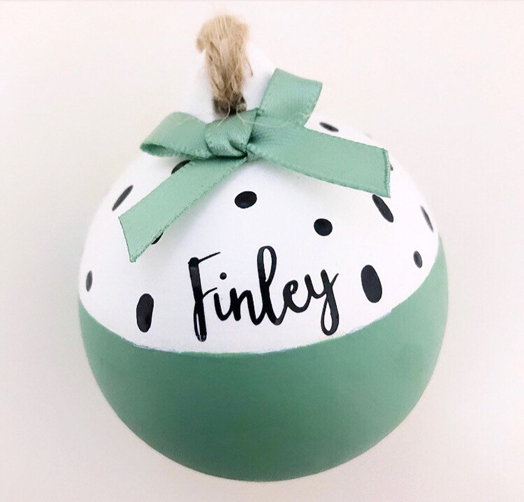Hand Painted Personalised Sage Green Dalmatian Ceramic Bauble, Bow Bauble, Ceramic Bauble ...