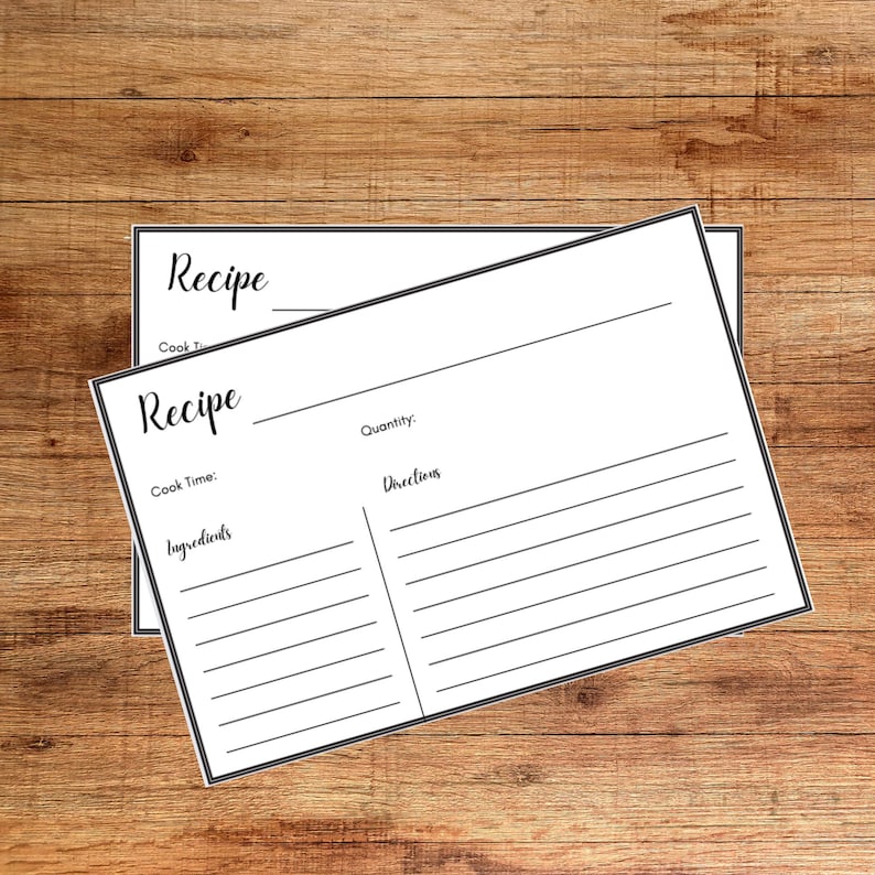 Simple Minimalist Recipe Card Template Basic Kitchen Cards Black White ...