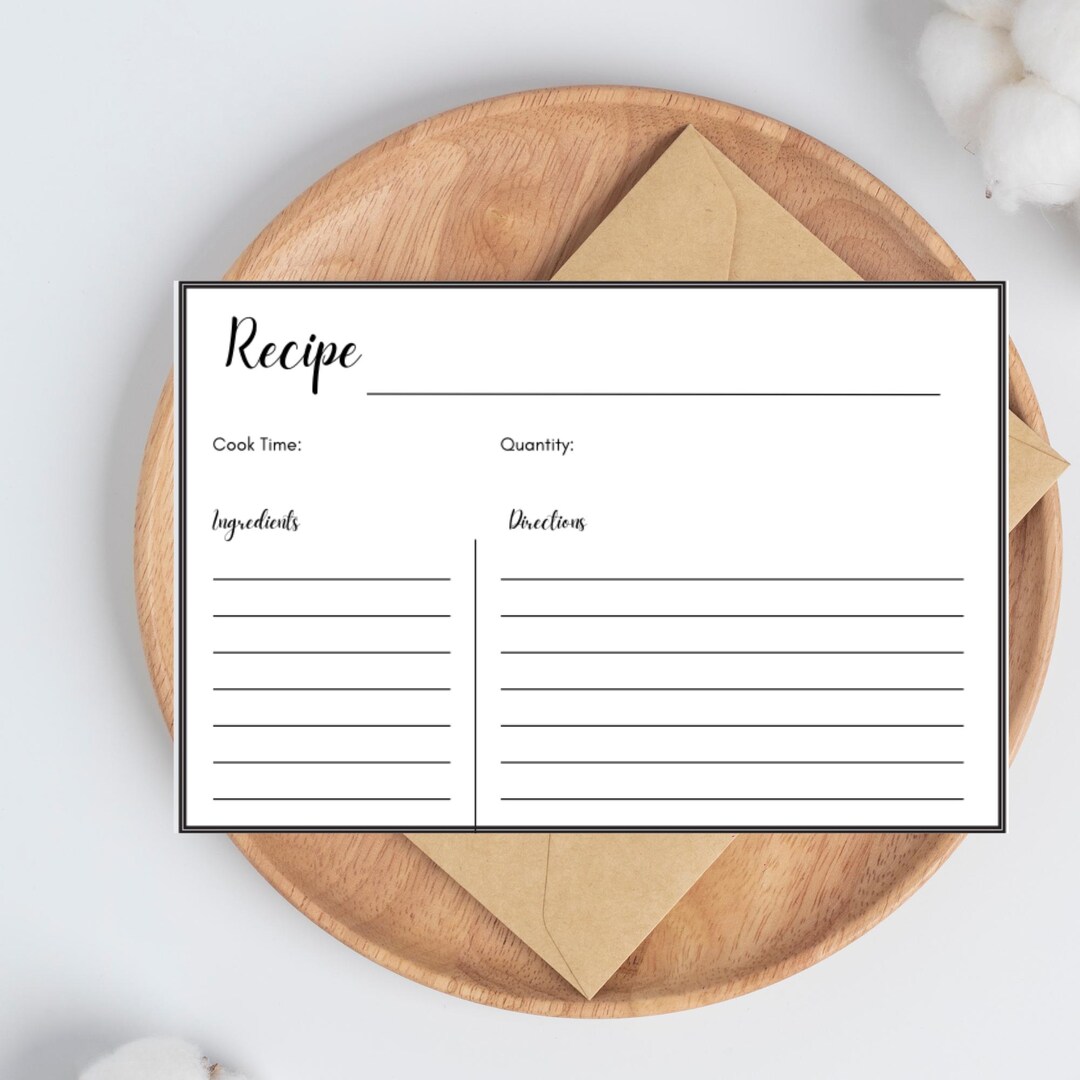 Simple Minimalist Recipe Card Template Basic Kitchen Cards Black White ...