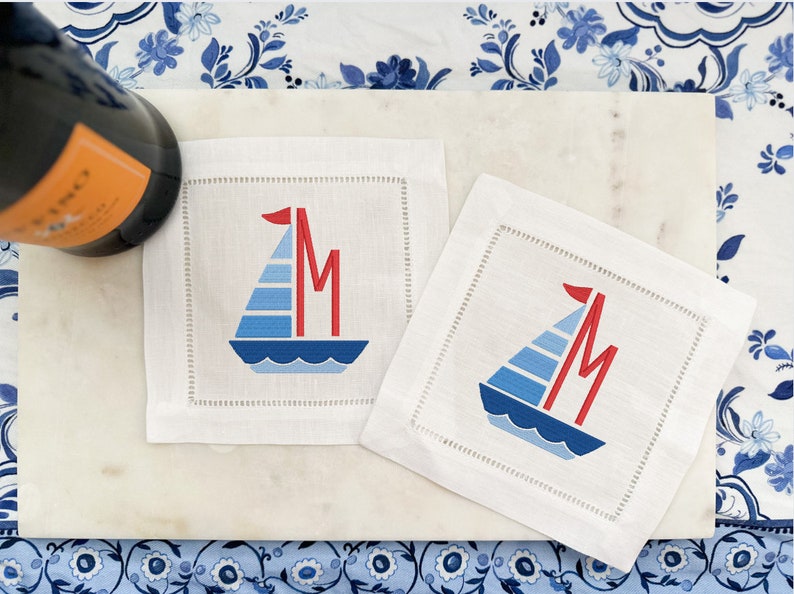 Monogram Sailboat Embroidered Cocktail Napkins - Etsy