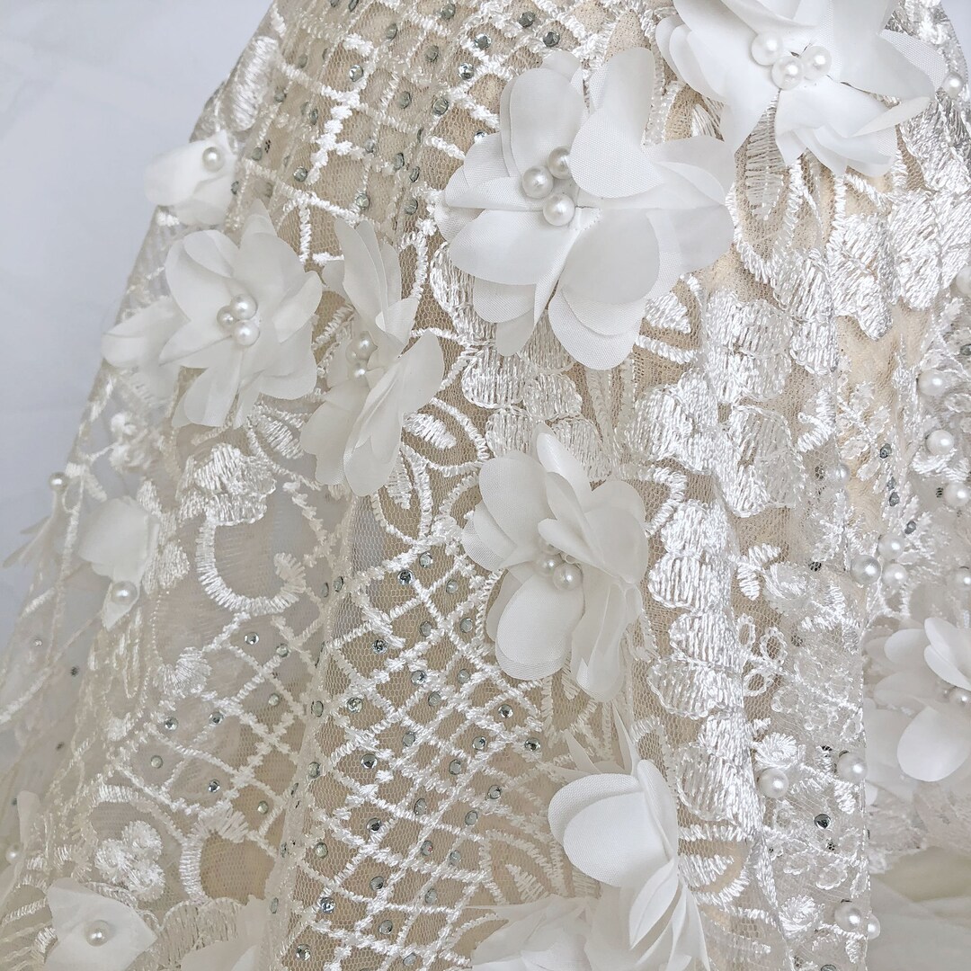 Beaded Flower Bridal Dress Lace Fabric 3D Chiffon Flower Tulle ...