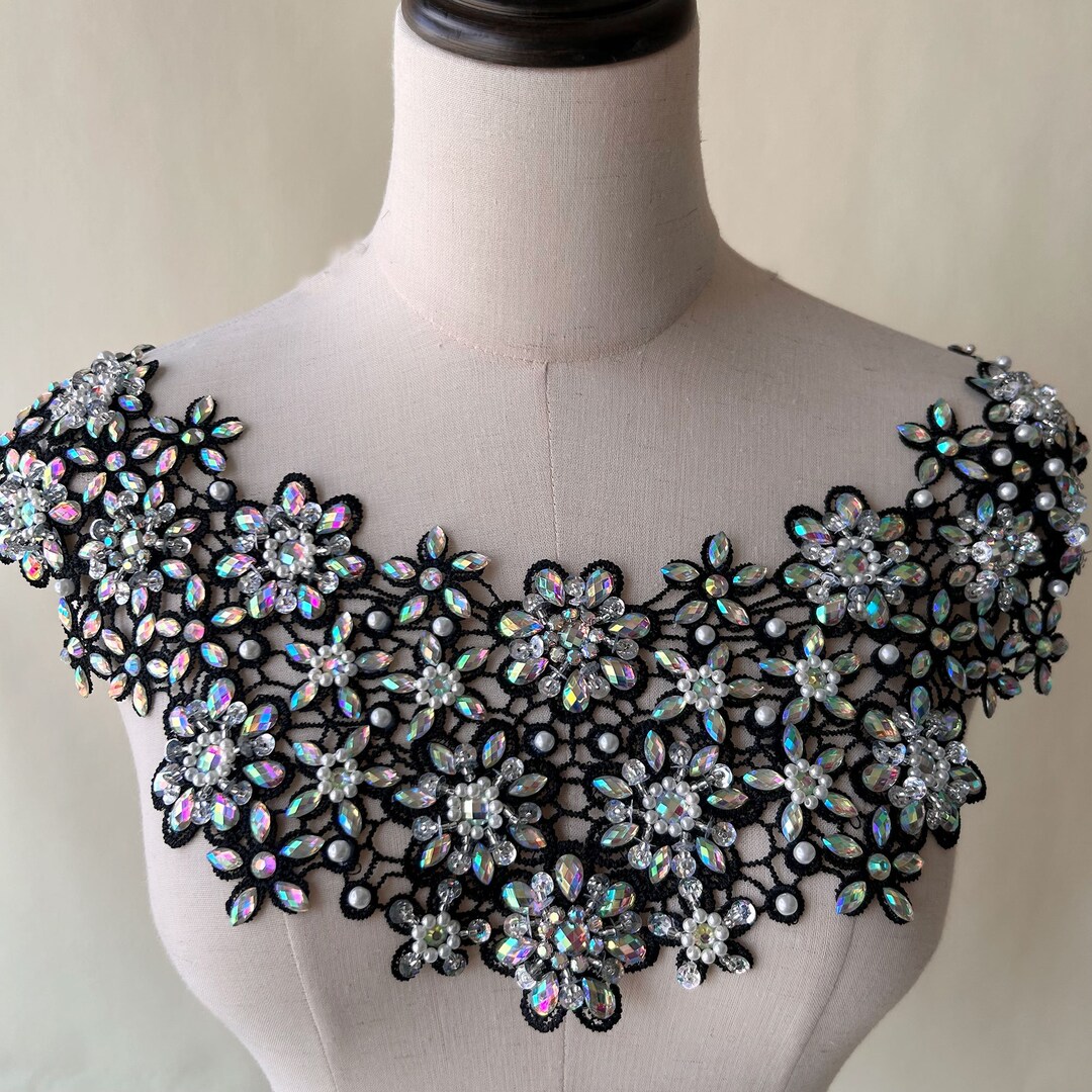 AB Stone Shine Beaded Collar Trims Black Beaded Applique for Prom Dress ...