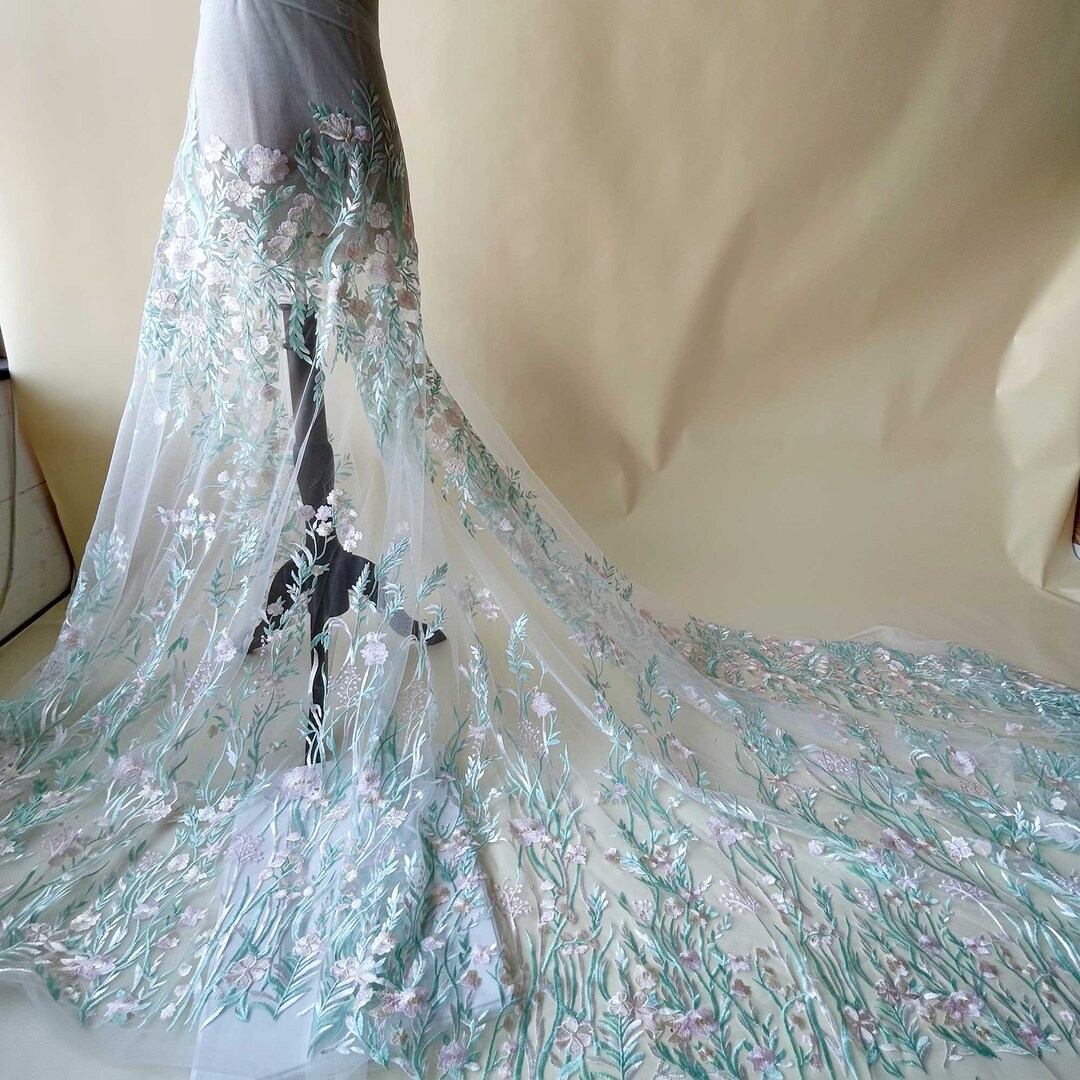 Green Leaf Lace Fabric Assorted Color Floral Lace Embroidery Tulle for ...