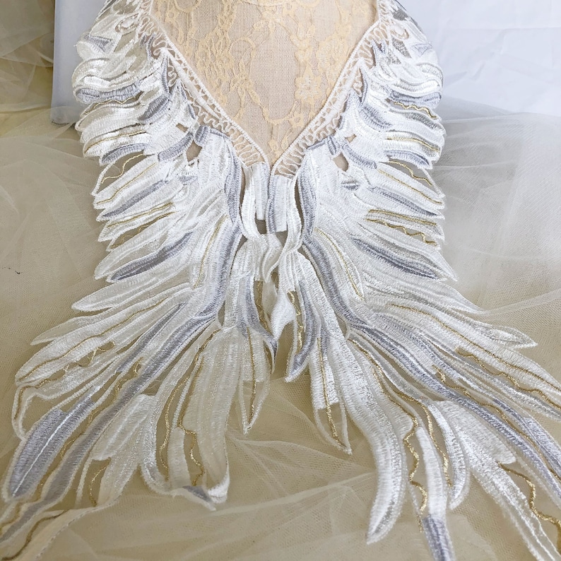 Silver White Angel Wings Lace Applique Mirror Pair Embroidery | Etsy