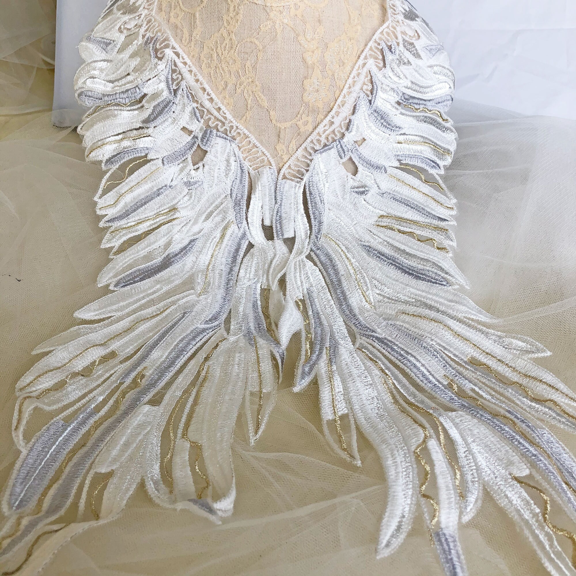 Silver White Angel Wings Lace Applique Mirror Pair Embroidery | Etsy