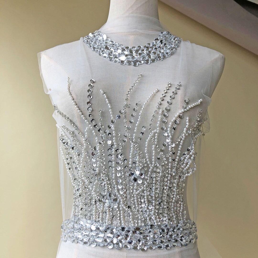 Party Neckline Trim Halter Applique Rhinestone Sequined Beaded Bodice ...