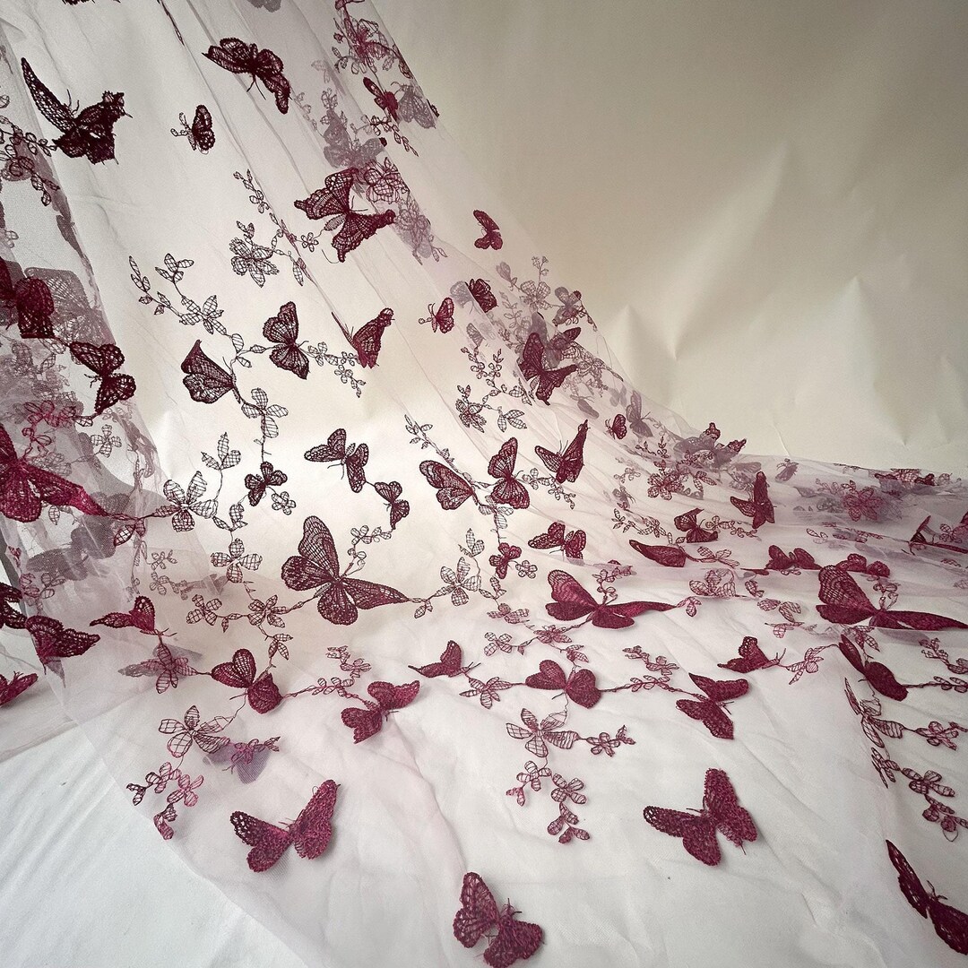 Burgundy Butterfly Lace Fabric Flying Butterfly Lace Overlay for Prom ...