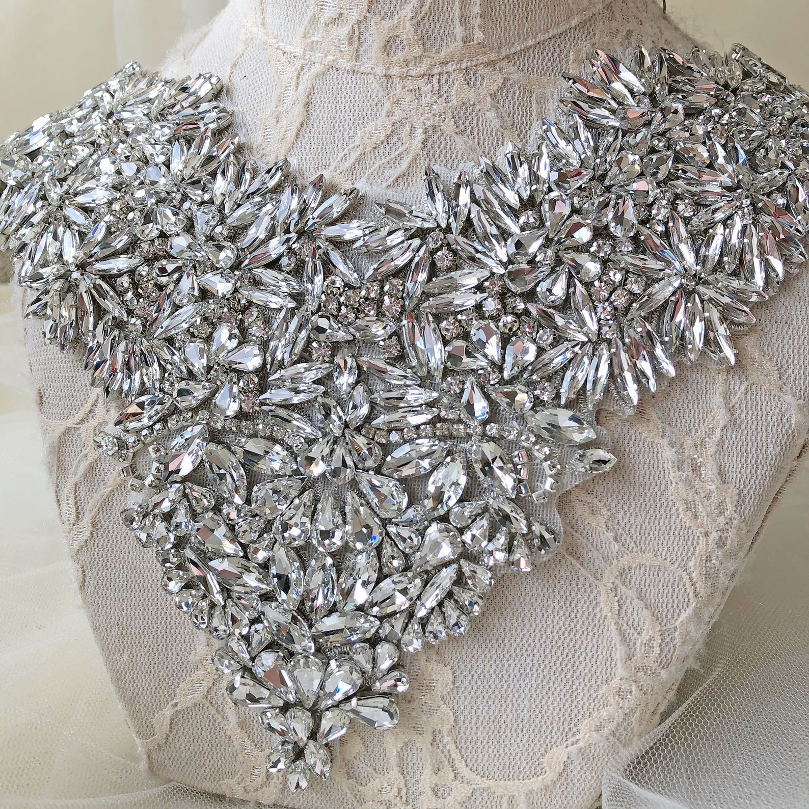 Sparkling Rhinestone Neckline Applique V-neck Crystal Diamante - Etsy