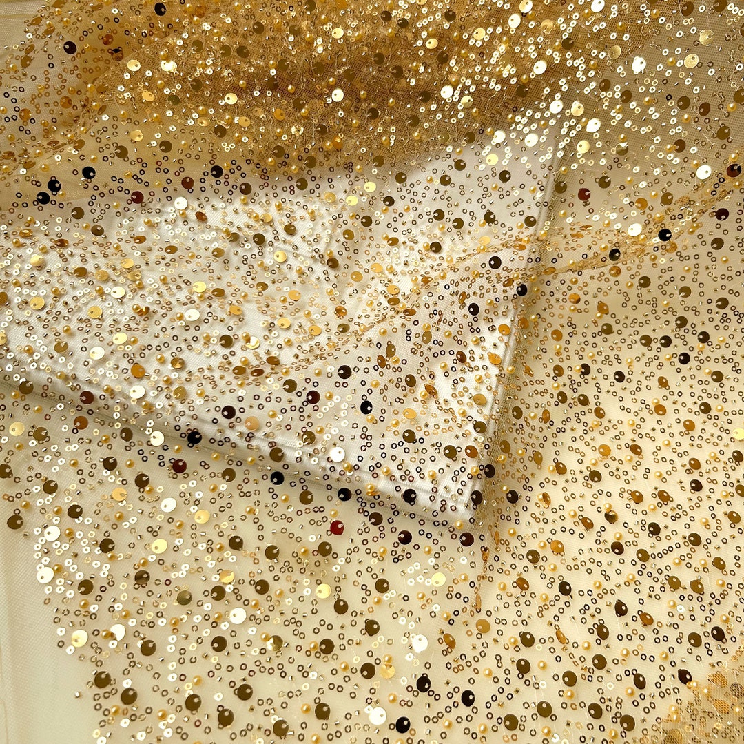 Sparkly Gold Lace Fabric Sequined Beaded Lace Fabric for Party Dress ...