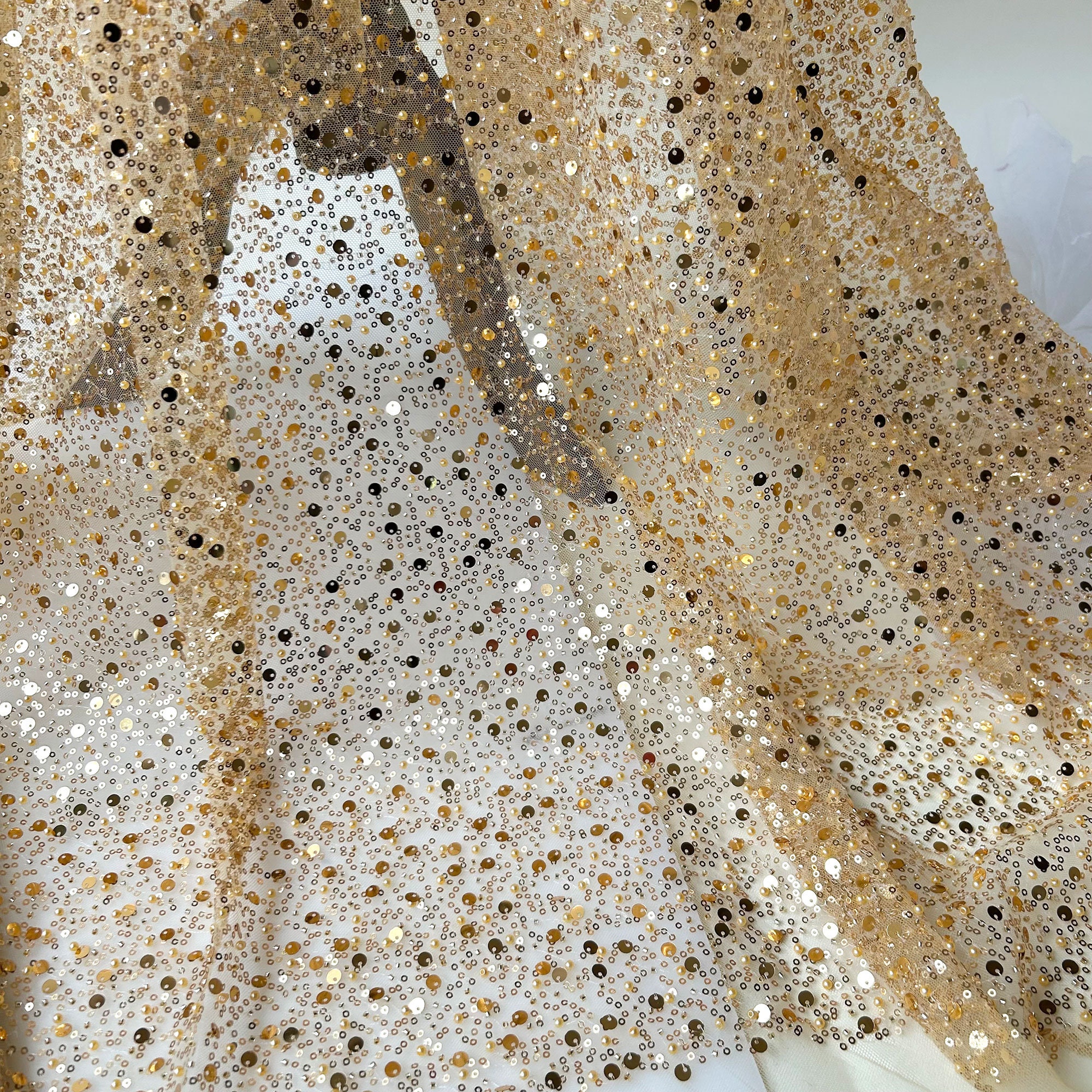 Sparkly Gold Lace Fabric Sequined Beaded Lace Fabric for Party Dress ...